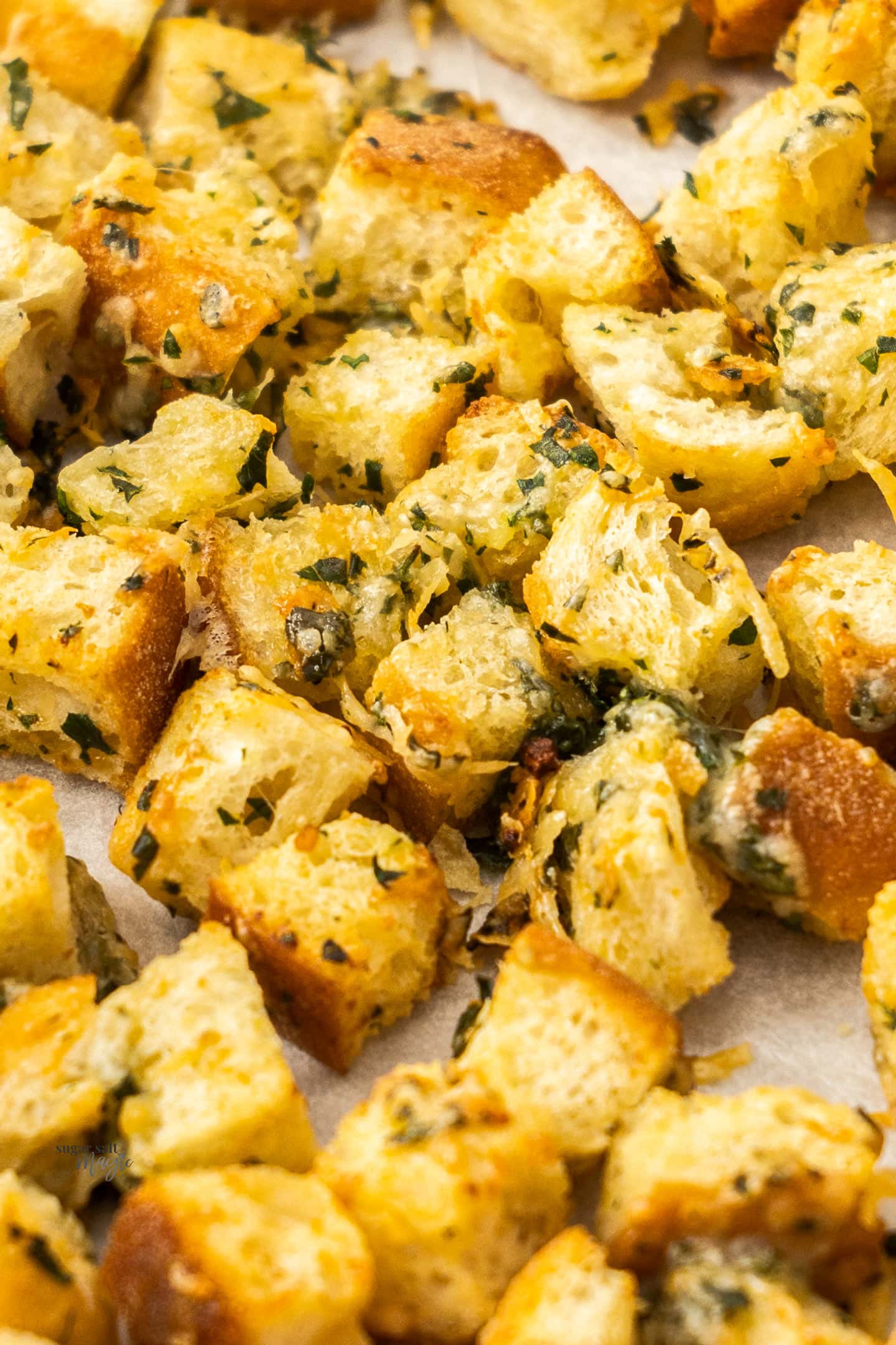 Closeup of cheese and garlic croutons.