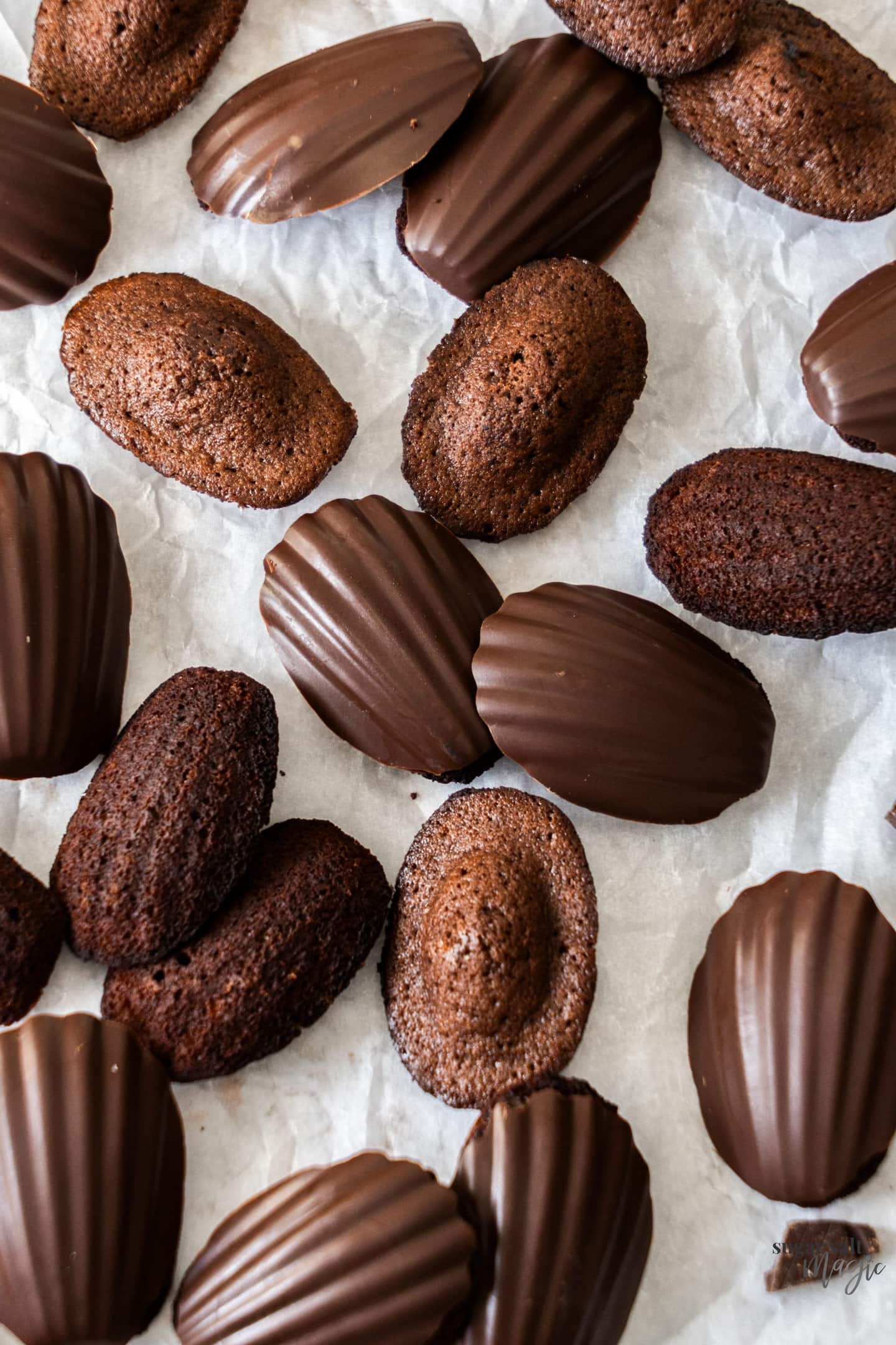 Top down view of lots of chocolate madeleines.