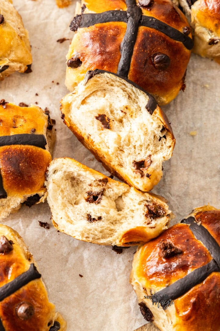 Choc Chip Hot Cross Buns - Sugar Salt Magic