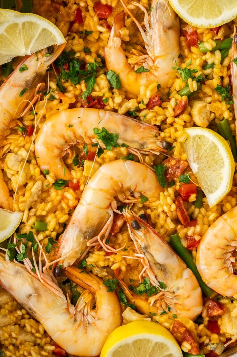 Prawn, Chicken and Chorizo Paella - Sugar Salt Magic