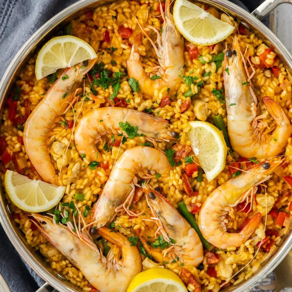 Prawn, Chicken and Chorizo Paella - Sugar Salt Magic